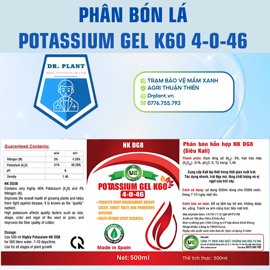 POTASSIUM GEL K60 4-0-46 – ĐỀU TRÁI, TĂNG VỊ NGỌT